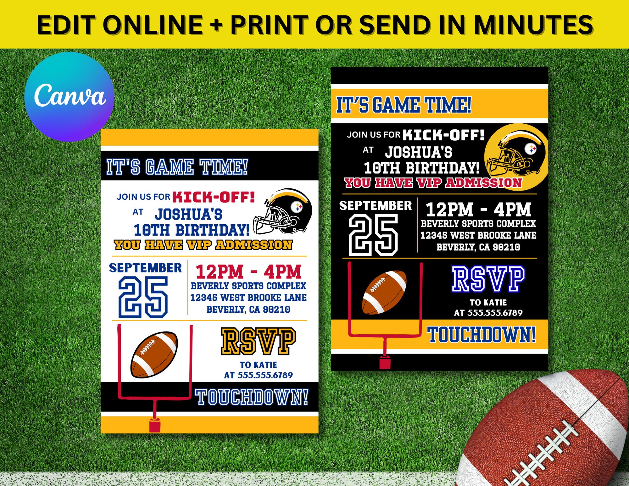 Black and Yellow Football Theme Birthday Party Printable Invitation ...