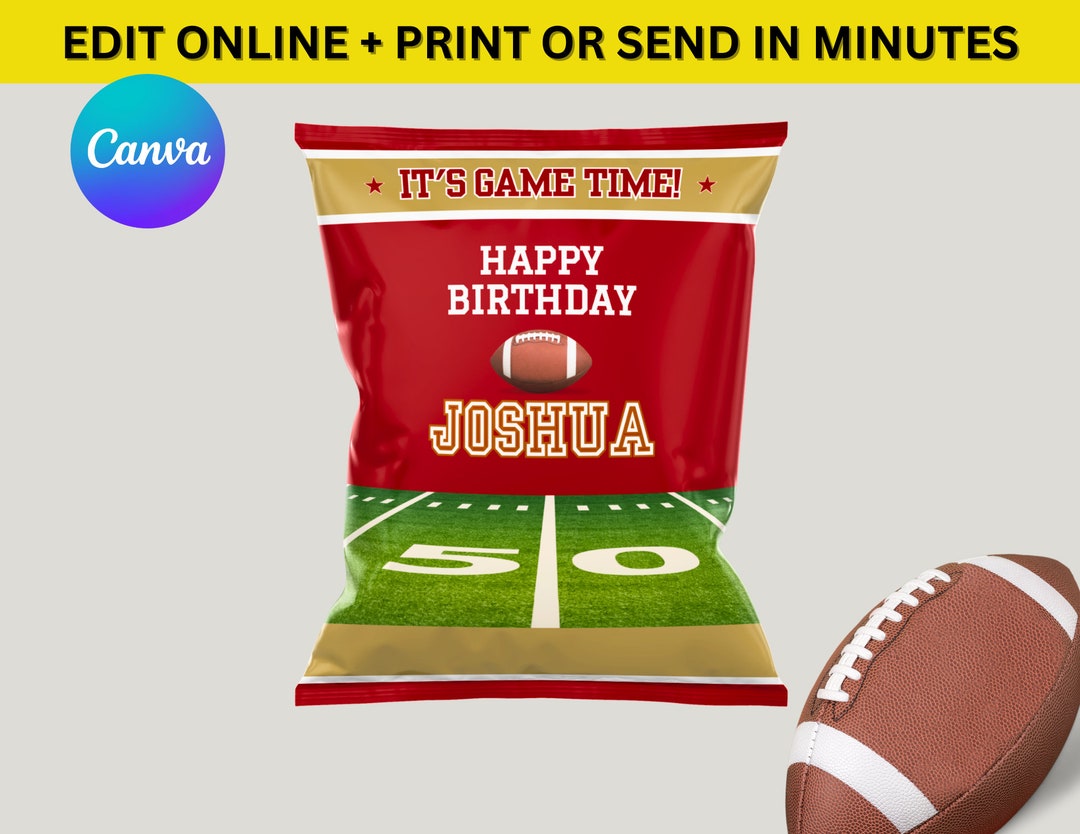 Editable Chip Bag Label Wrapper Red and Gold Football Birthday Party ...