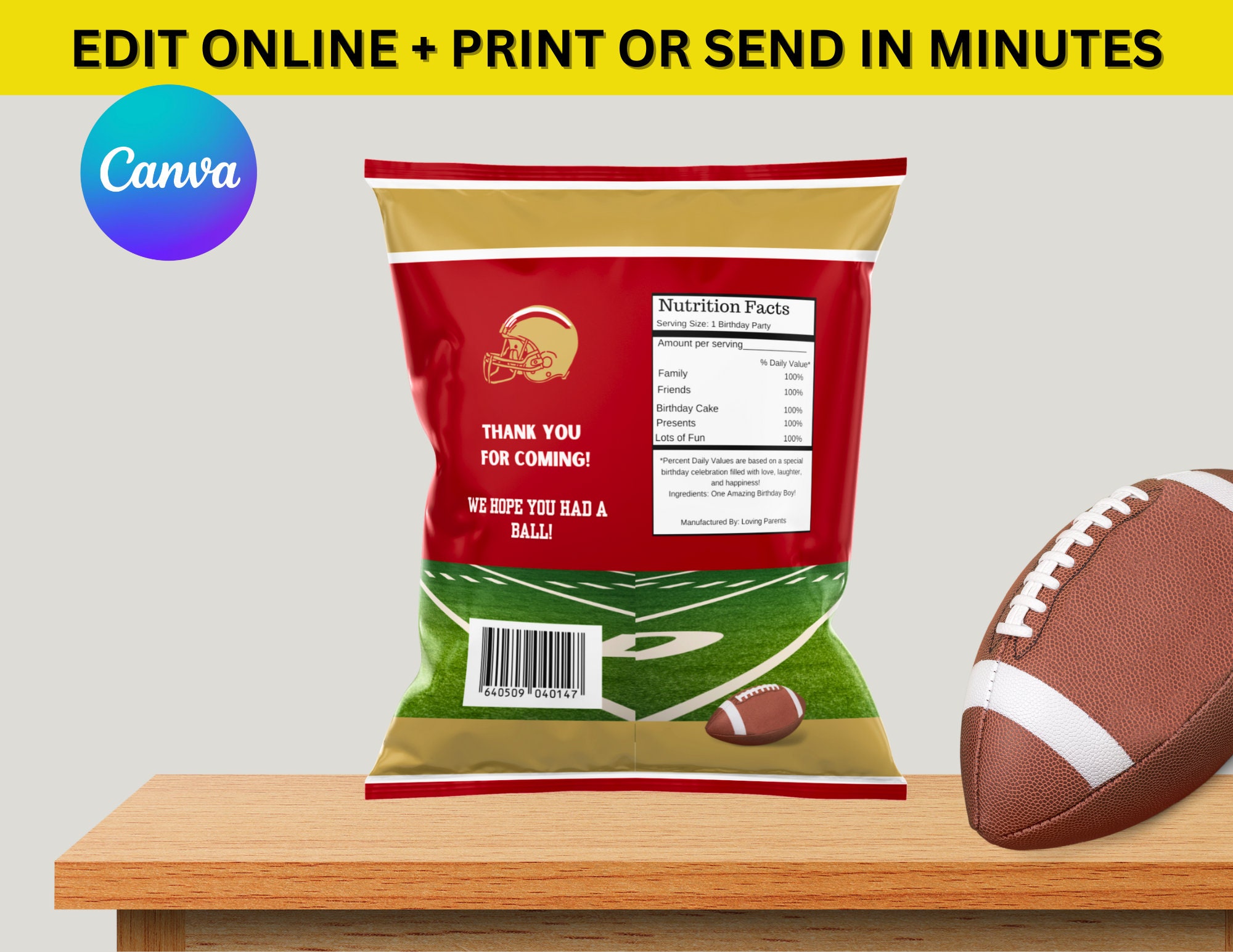 Editable Chip Bag Label Wrapper Red and Gold Football Birthday Party ...