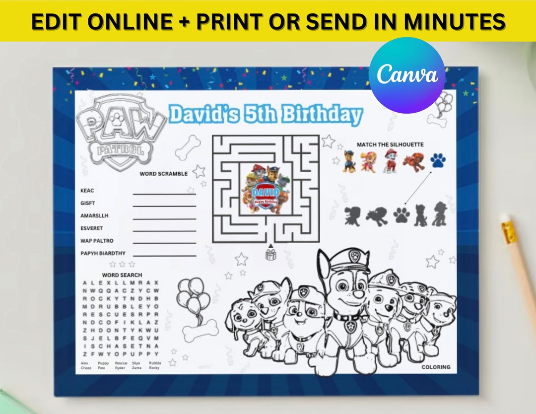 Editable Paw Patrol Birthday Placemat, Printable Bday Party Activity ...