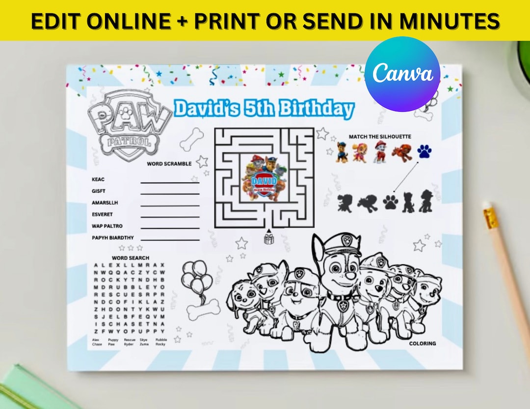 Editable Paw Patrol Birthday Placemat, Printable Bday Party Activity ...