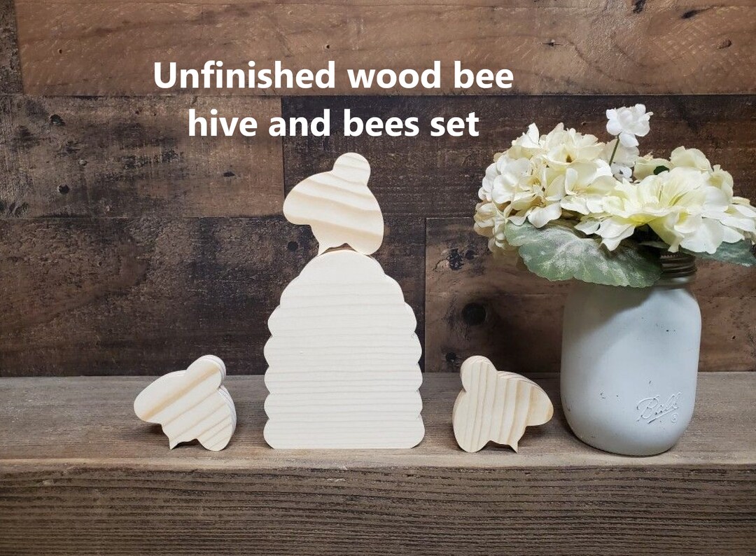 4 Piece Unfinished Wood Beehive and Bee Wood Cut Outs / DIY Spring ...
