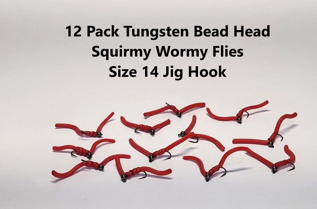 12 Pack Tungsten Squimry Worm Flies / Size 14 Jig Hook / Squirmy San ...