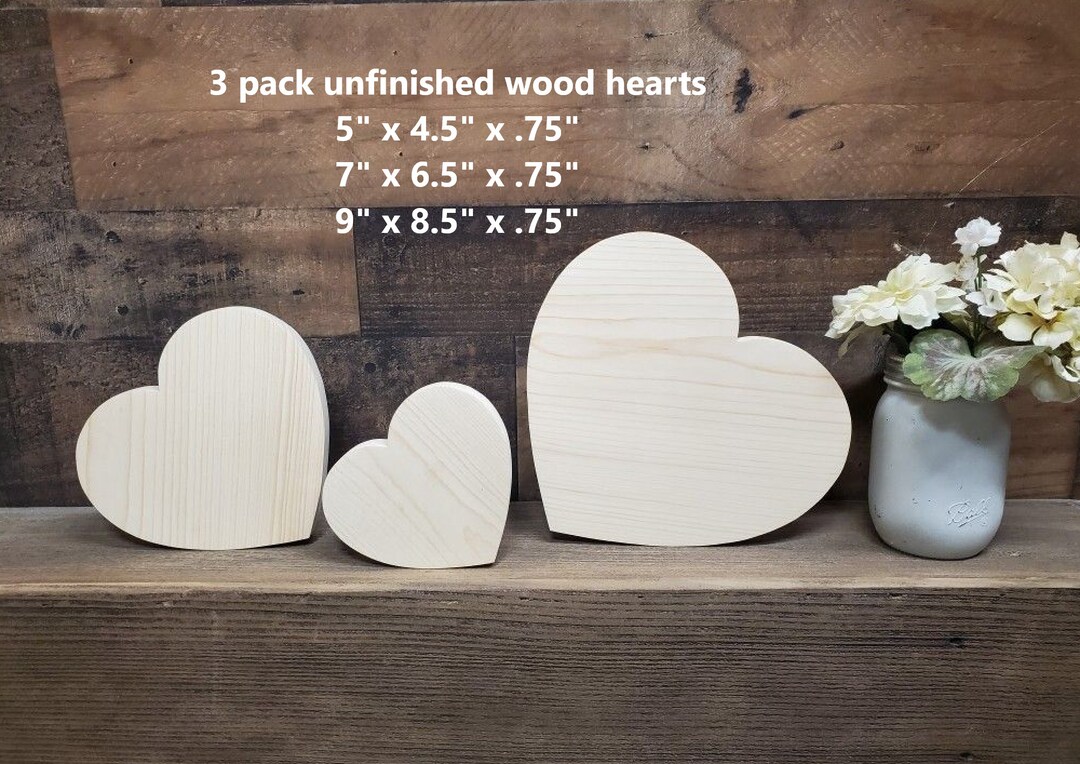 3 Pack of Unfinished Wooden Hearts Made From Solid Lumber in 3 Sizes ...
