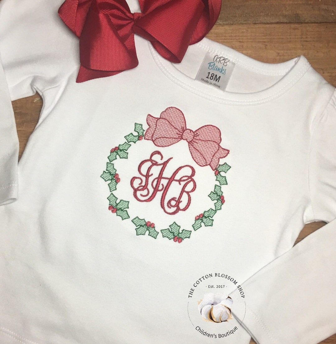 Girls Monogrammed Christmas Wreath Sketch Shirt - Etsy