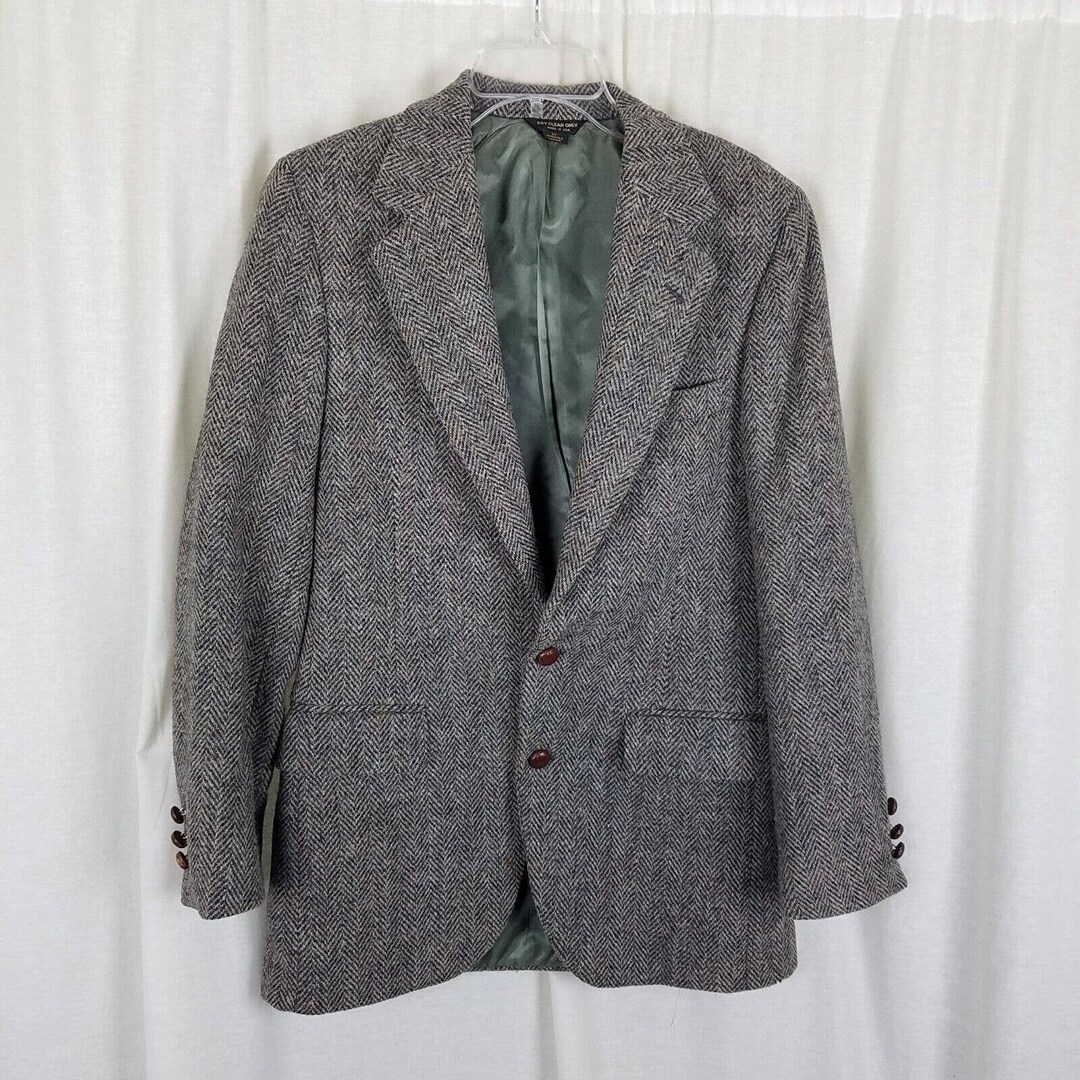 Vintage Harris Tweed Black Mottled Herringbone Wool Sportcoat Jacket ...