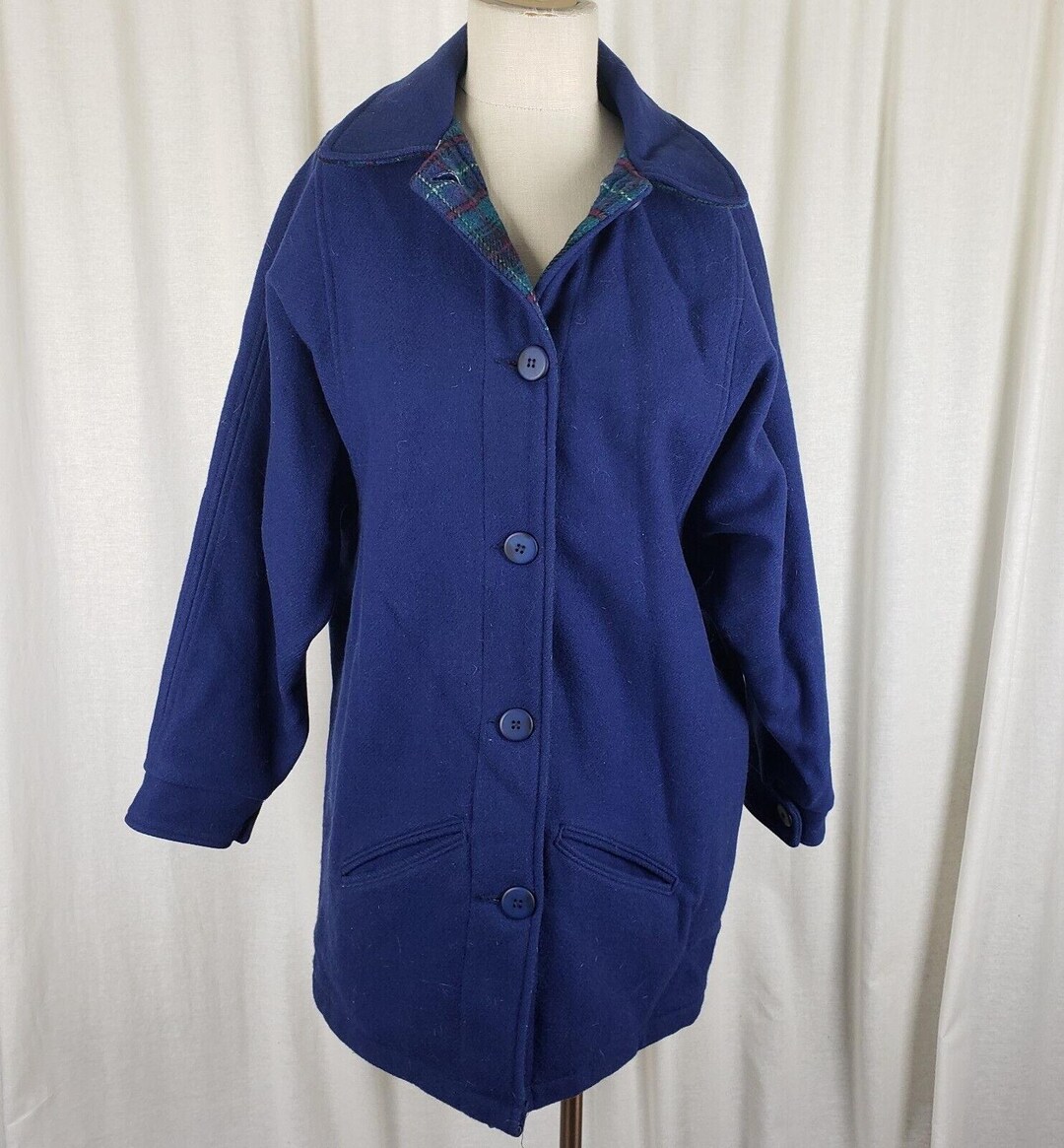 Vintage Woolrich Woman Cobalt Blue Plaid Lined Wool Car Coat Peacoat ...