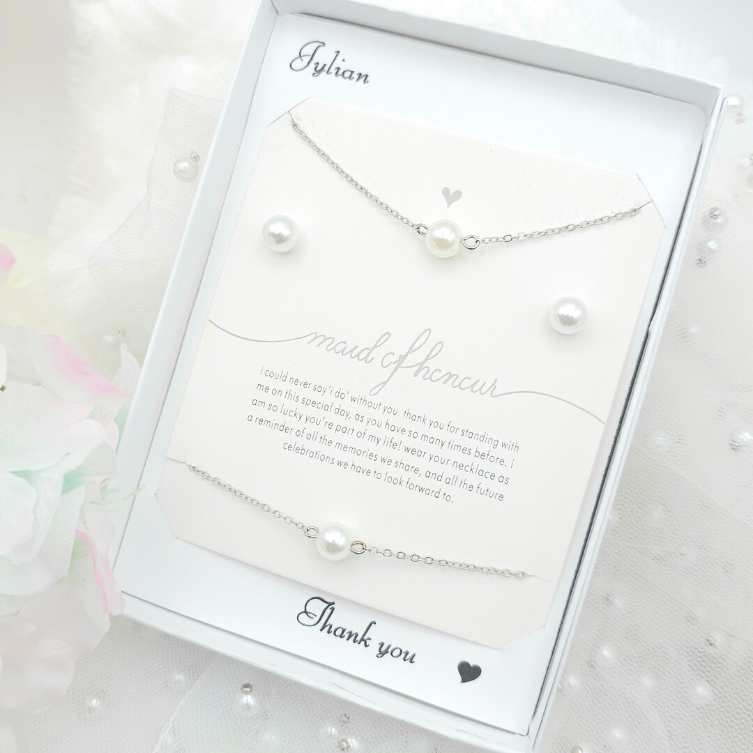 Personalized Maid of Honor Pearl Necklace & 925 Ear Post Stud Earring ...