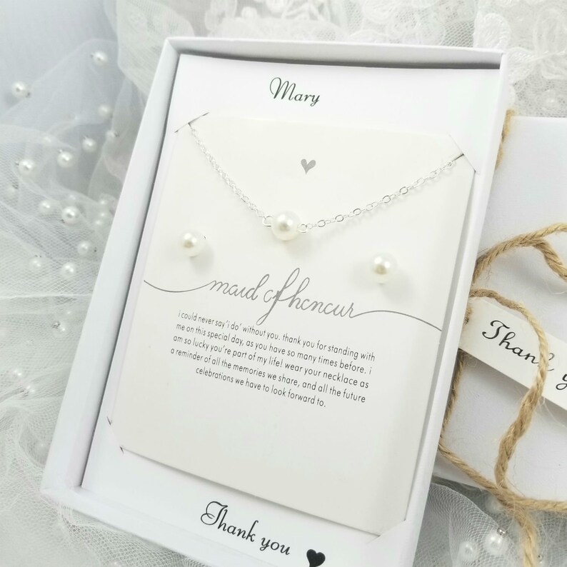 Personalized Maid of Honor Pearl Necklace End Stud Earring - Etsy