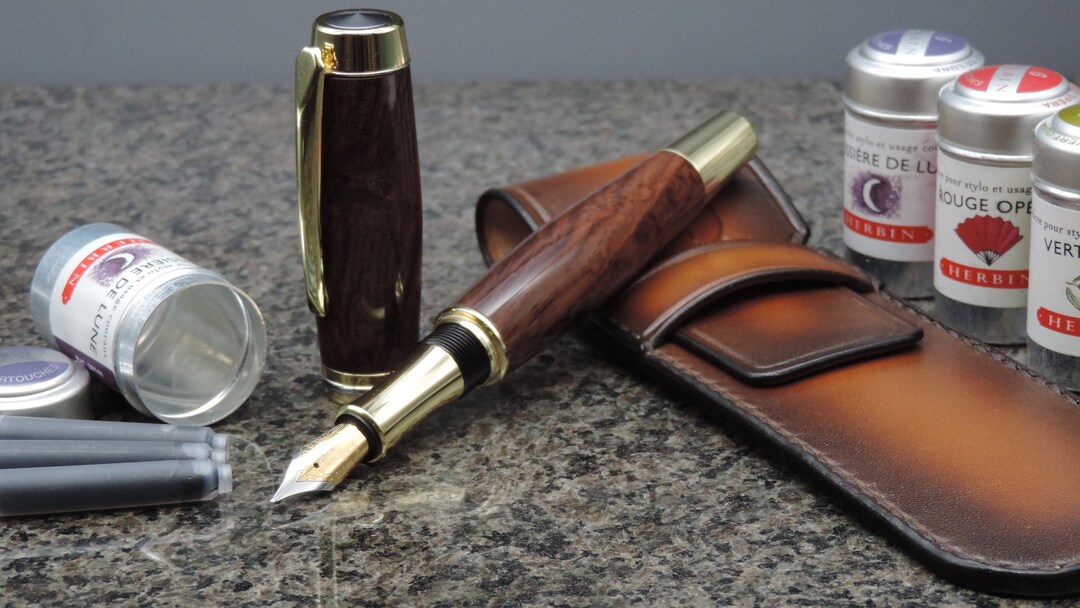 Hand Turned Desert Ironwood Fountain Pen in Handstitched Leather Case ...