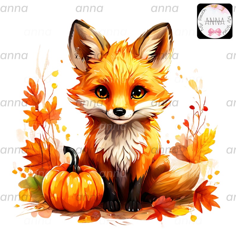 19 PNG Cute Autumn Fox Clipart With Pumpkin - Instant Download ...