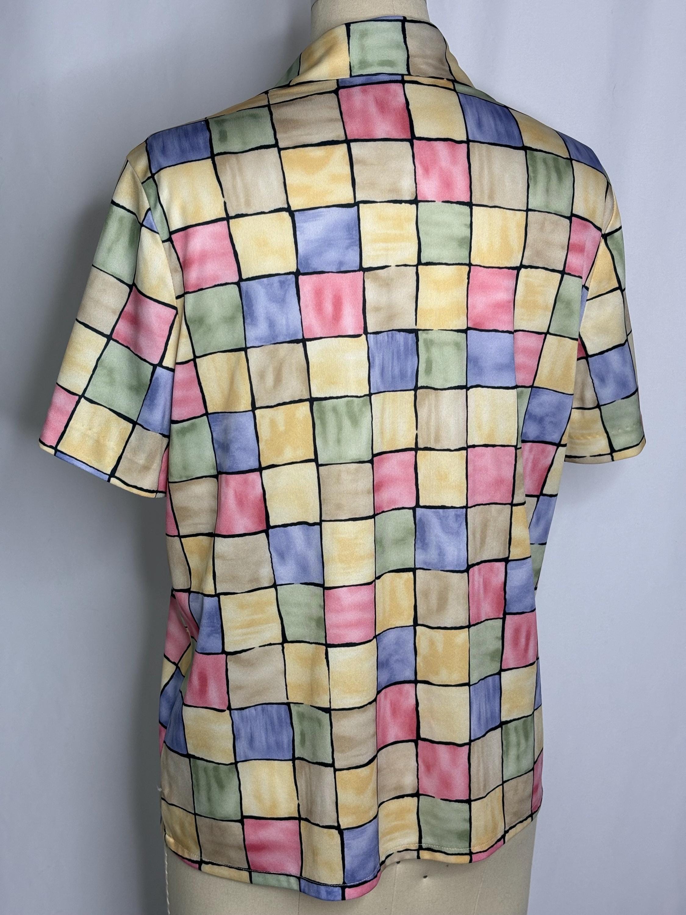 Vintage 80s Stained Glass Pastel Geometric Button up Shirt Top Large XL ...