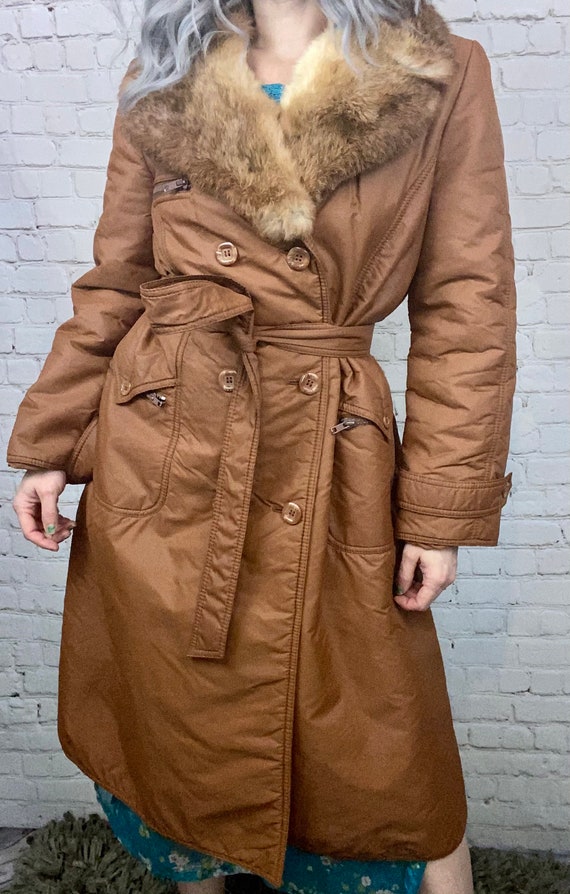 70s Vintage Faux Leather Real Fur Brown trench Coat S… - Gem
