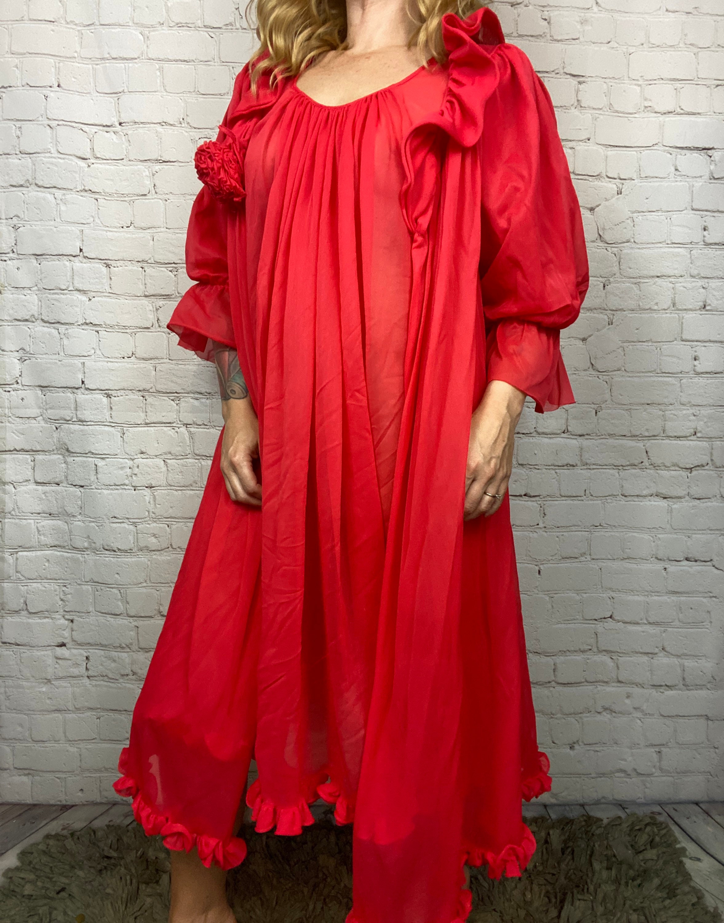 Vintage Bright Red 70s Pinup Nylon Ruffle Nightgown & Robe Set - Etsy