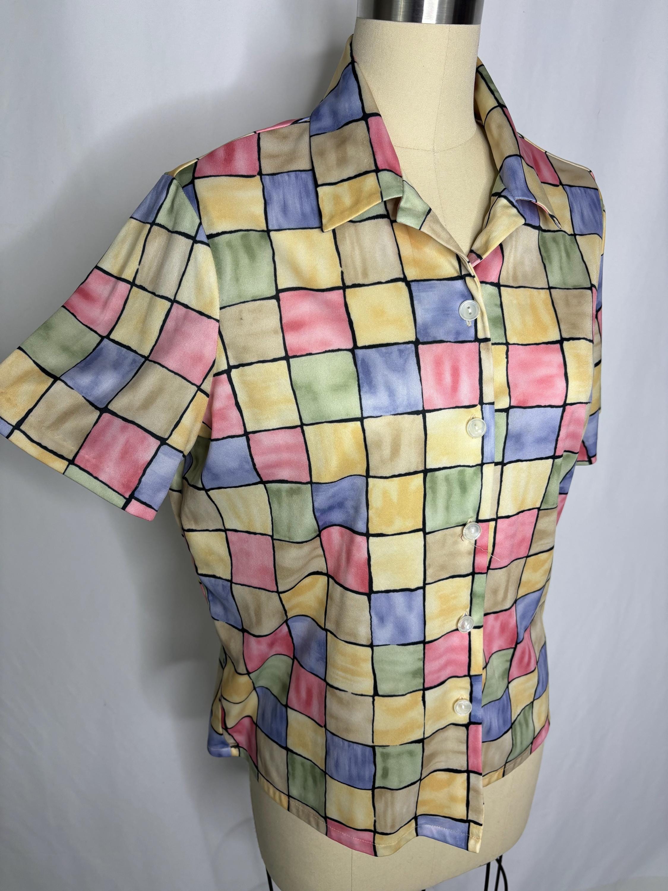 Vintage 80s Stained Glass Pastel Geometric Button up Shirt Top Large XL ...