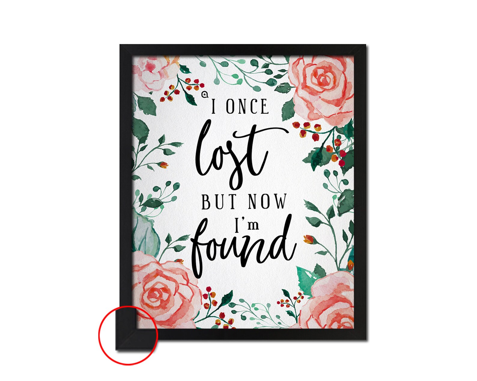 I Once Lost but Now I'm Found Quote Floral Art Print Black Wood Framed ...