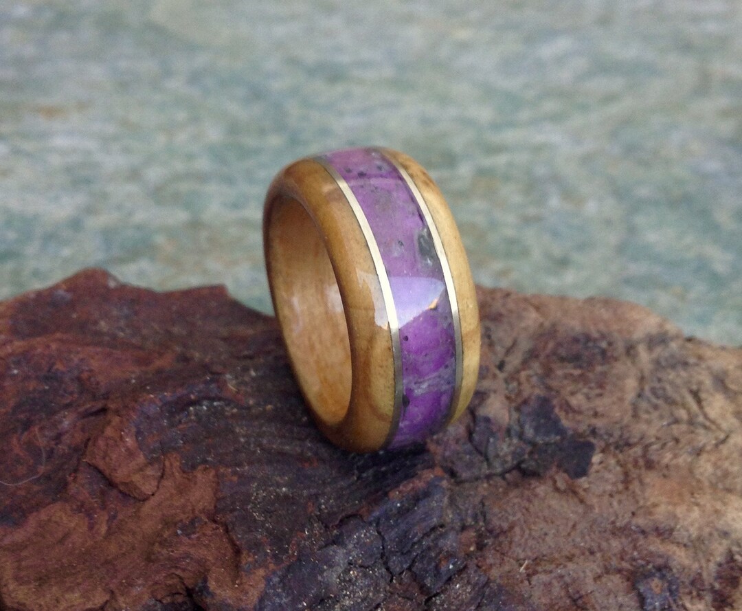 Wooden Ring With Olive Burl and Brass Bands and an Amethyst Inlay and A ...