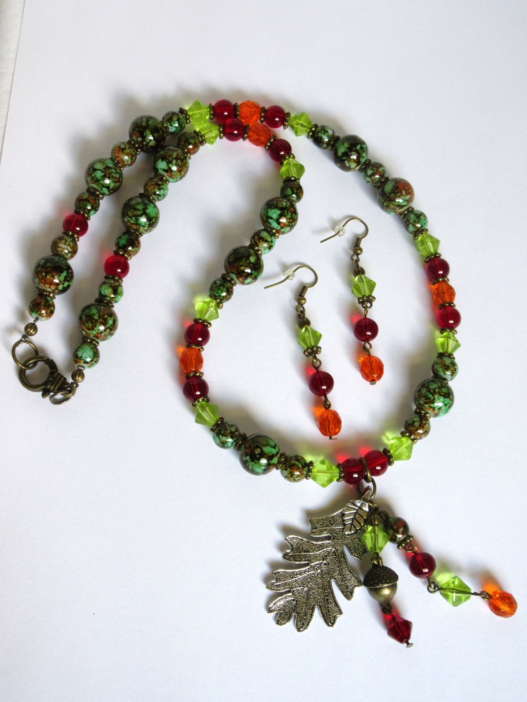 Autumn Jewelry Set With Oak Leaf and Acorn Pendant Beaded 22 - Etsy