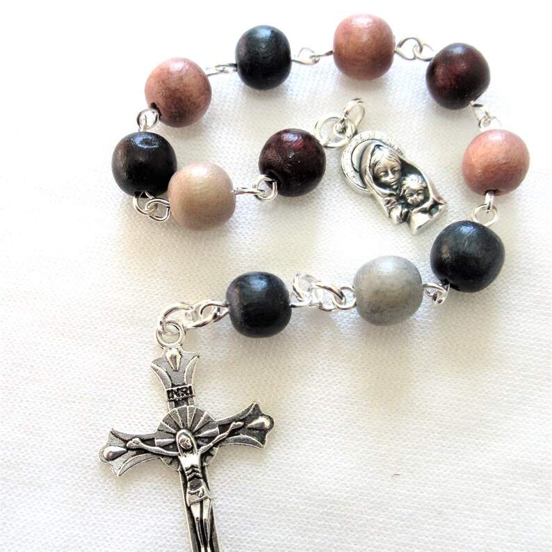 Catholic Pocket Rosary, Multicolored Wood, Italian Mother and Child, 8. ...