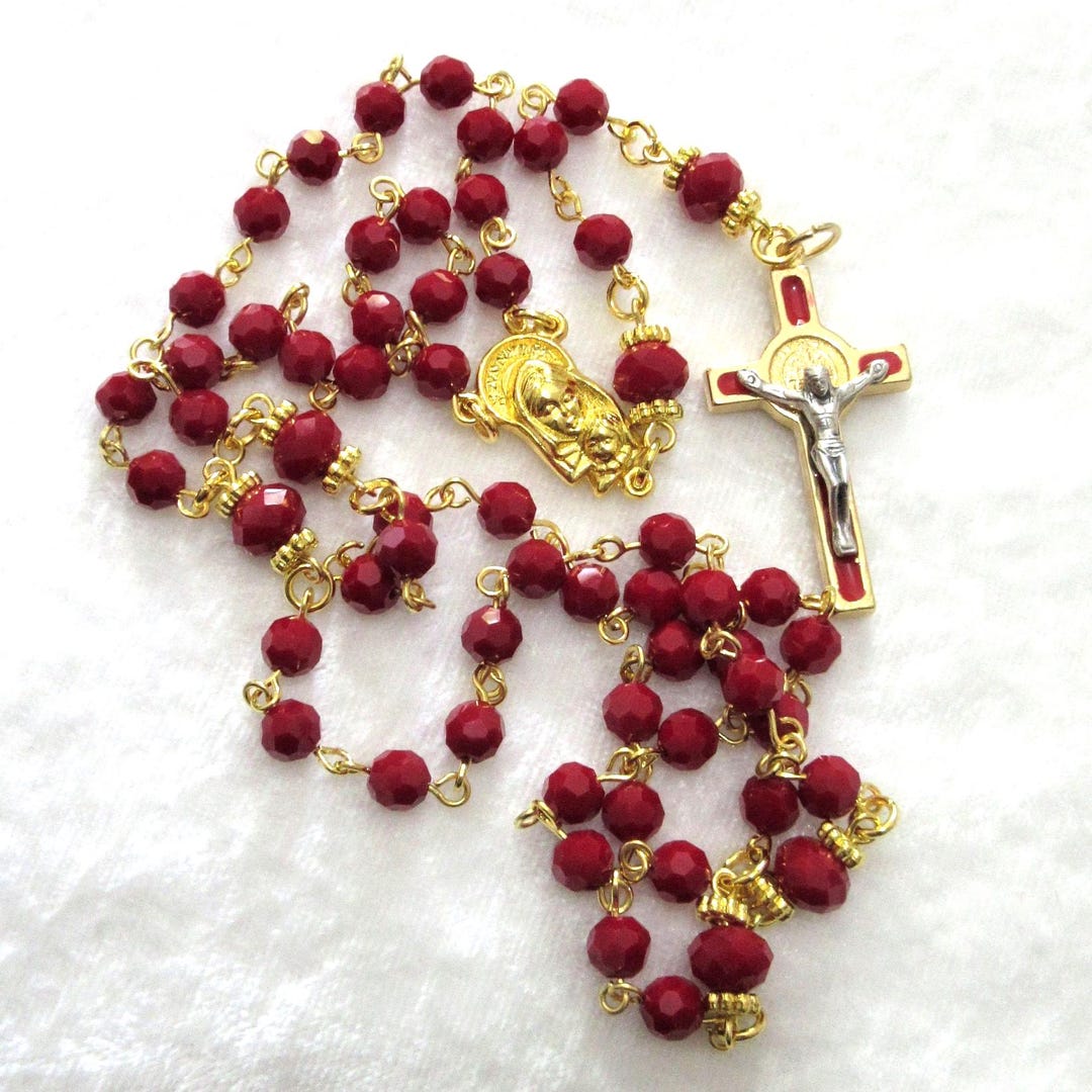 Red Catholic Rosary With Red Opaque Crystals, Two Tone Italian Crucifix ...