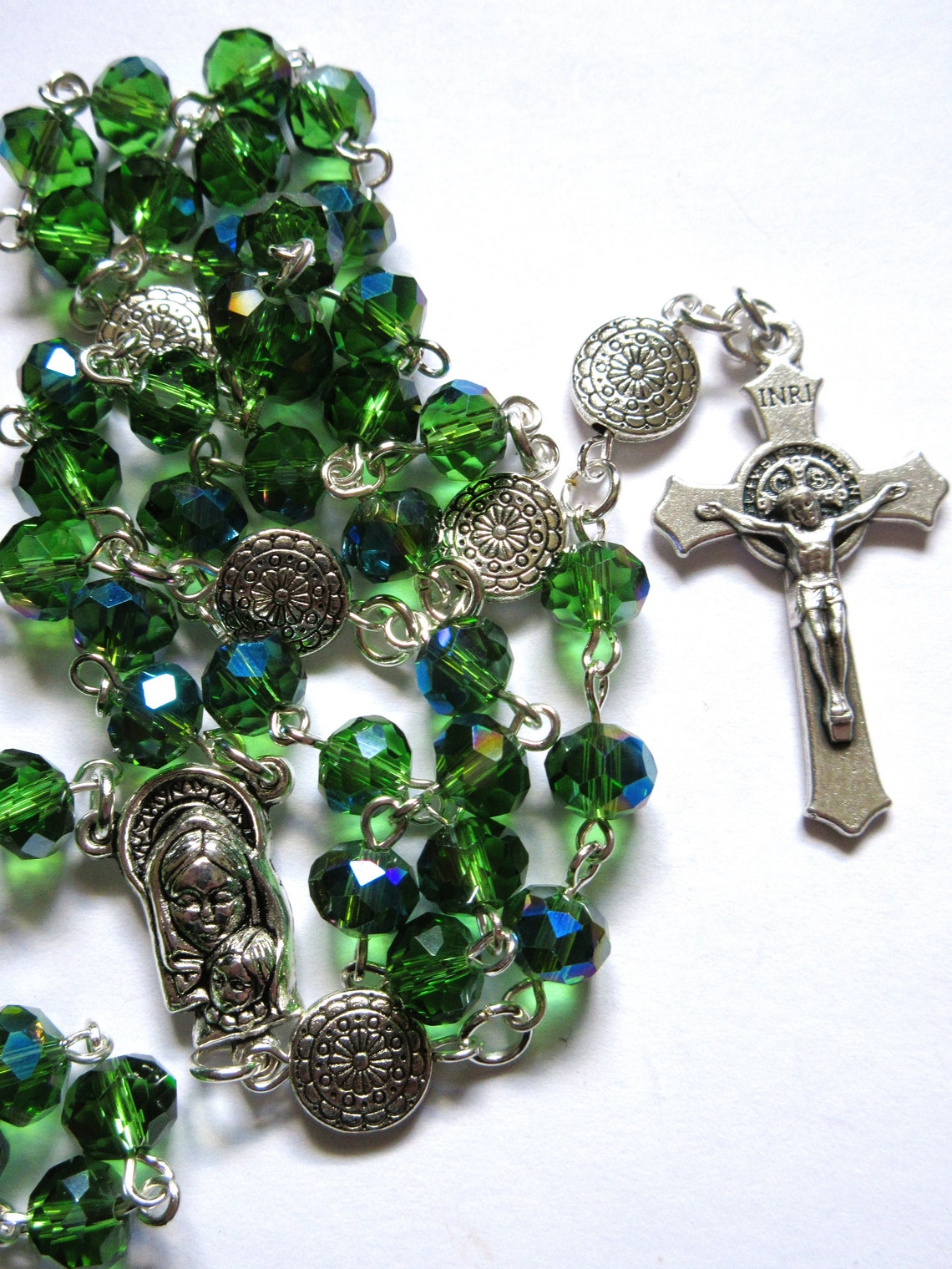 Blue-tinted Green Catholic Rosary, Faceted AB Rondelles, Madonna and ...