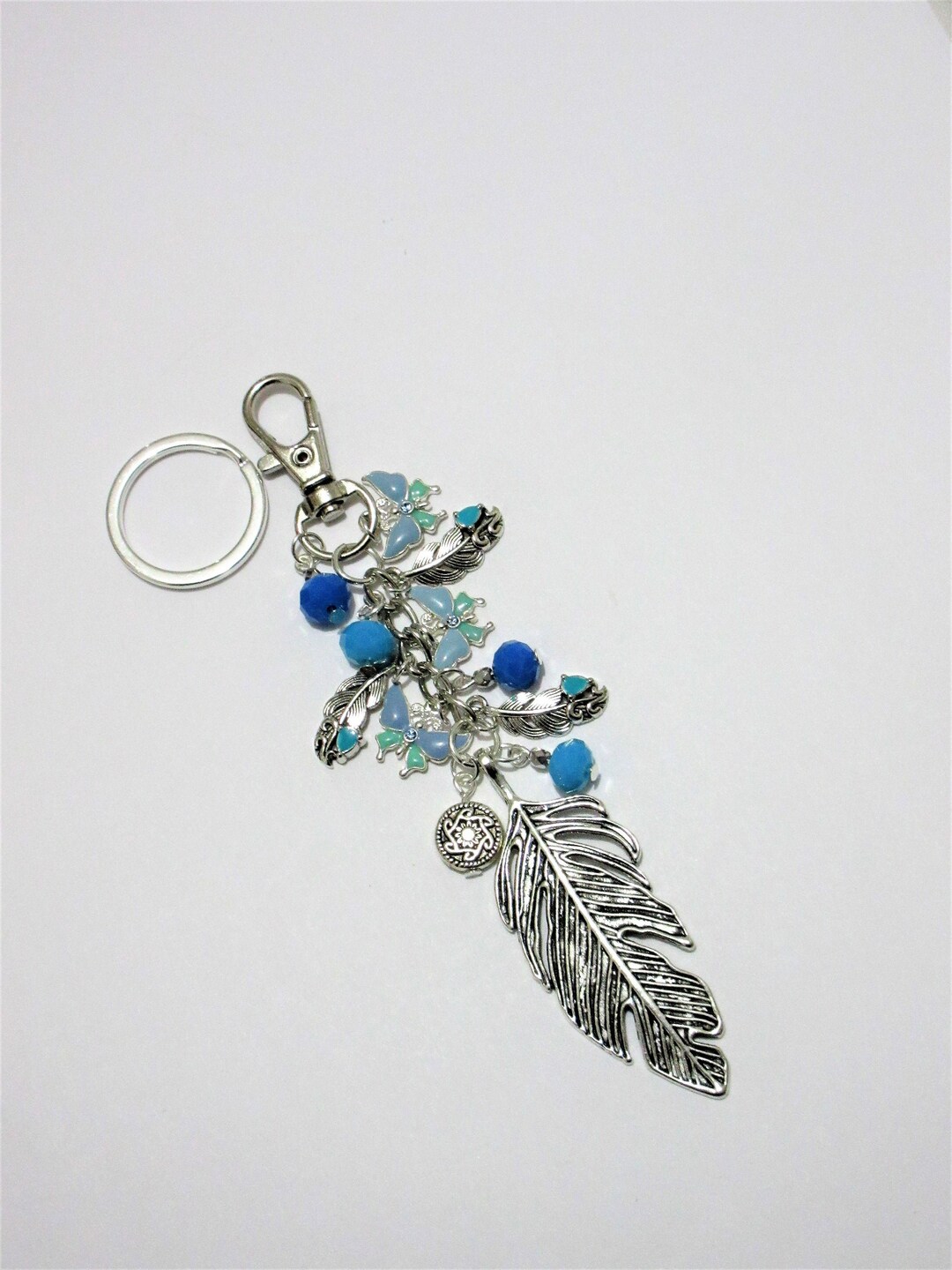 Feathers and Butterfly Keychain, Purse Dangle, Bag Charm, Blue and ...