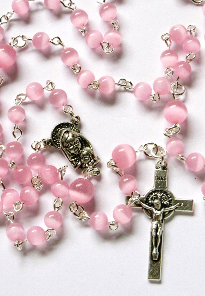 Pink Catholic Rosary, Cat's Eye, Girl's Catholic Gift, Rosary Necklace ...