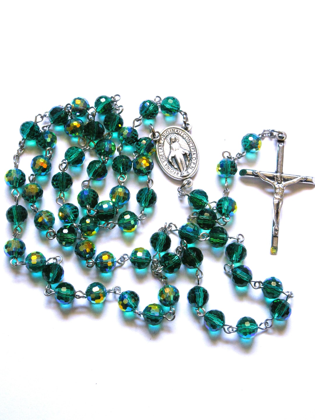 Emerald Green Catholic Rosary, Stainless Steel Wires, Larger Beads, 806 ...