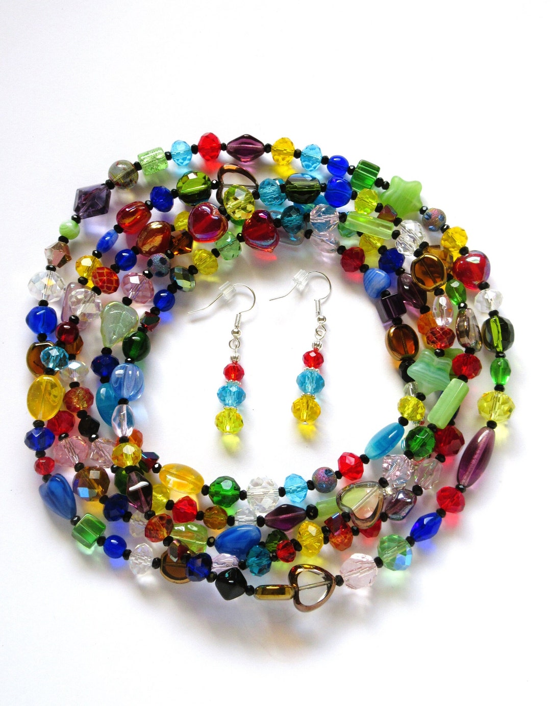 Mixed Jewel Tones 60" Beaded Jewelry Set, Rainbow Colors, 1" Earrings ...