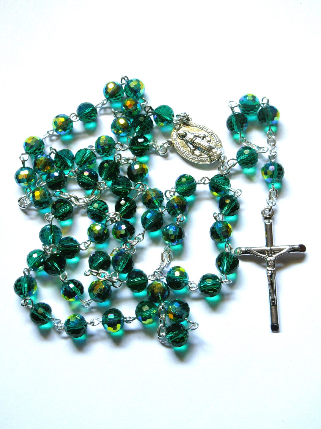 AB Emerald Green Catholic Rosary, Traditional Chain Style With Larger ...