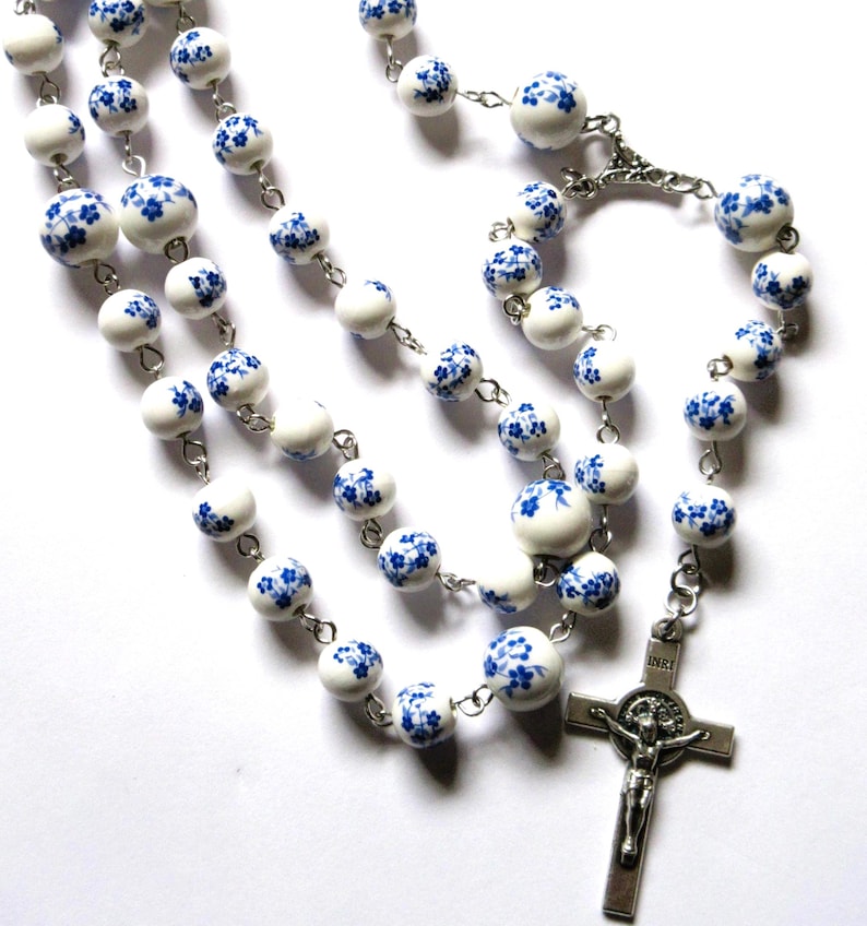 Blue Floral Ceramic Lutheran Rosary, Stainless Steel Links, Longworth ...