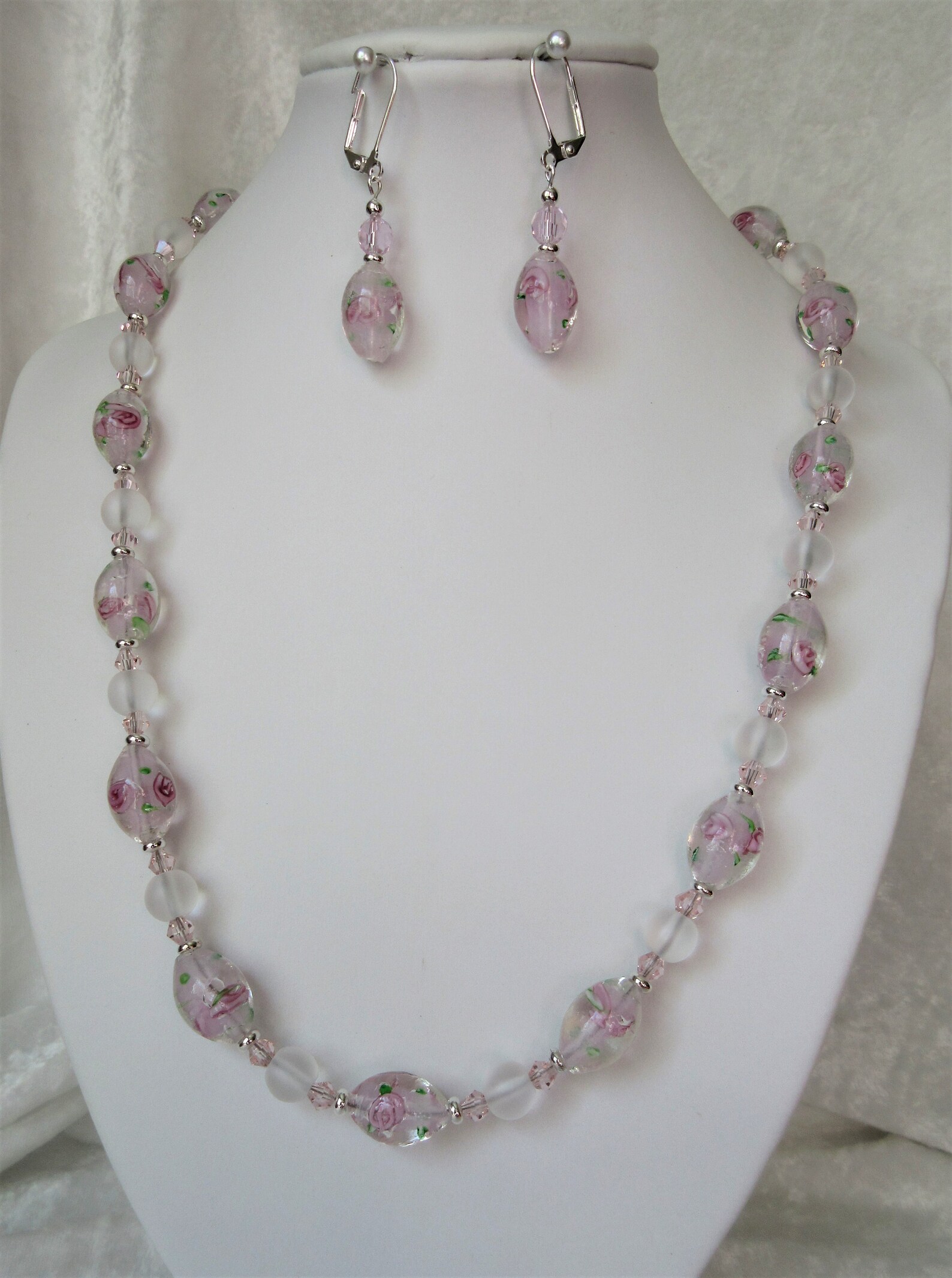 Lampworked Pink Jewelry Set Frosted Ovals With Inlaid Flowers - Etsy