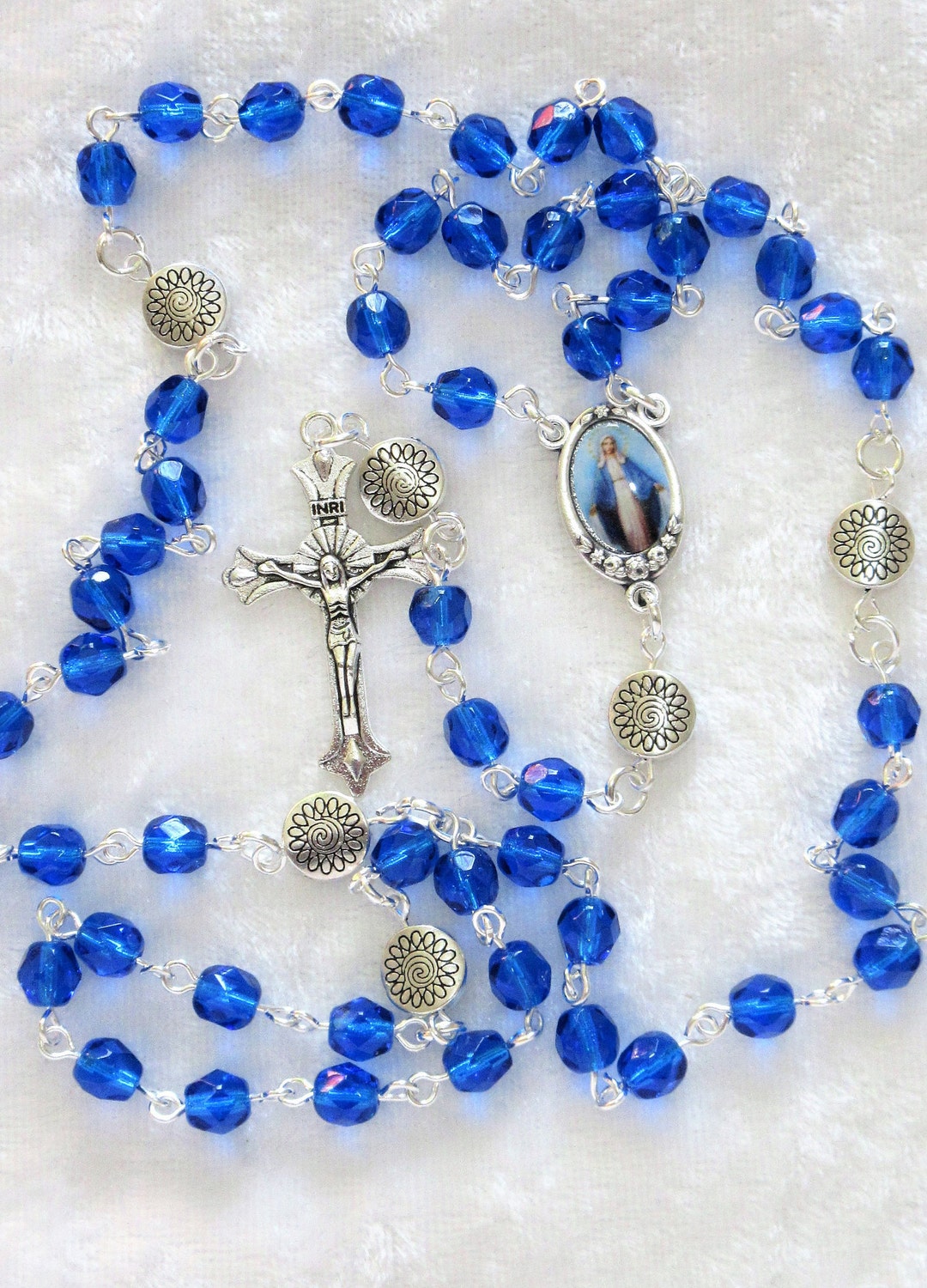 Dark Blue Crystal Catholic Rosary, Religious Gift, Blue Miraculous ...