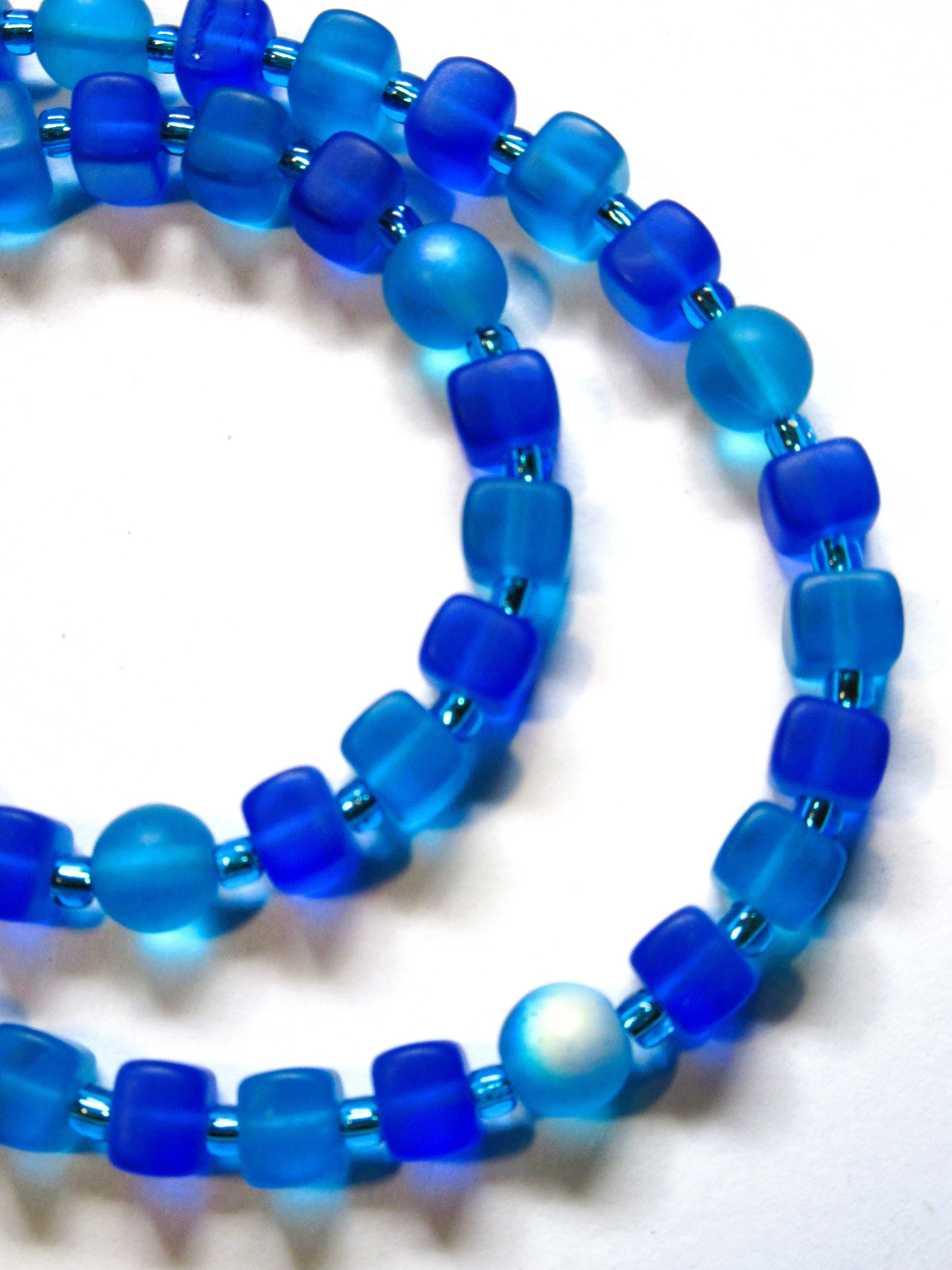 Cobalt and Aqua Blue 16" Choker, 1" Earrings, Frosted Cubes and Rounds ...