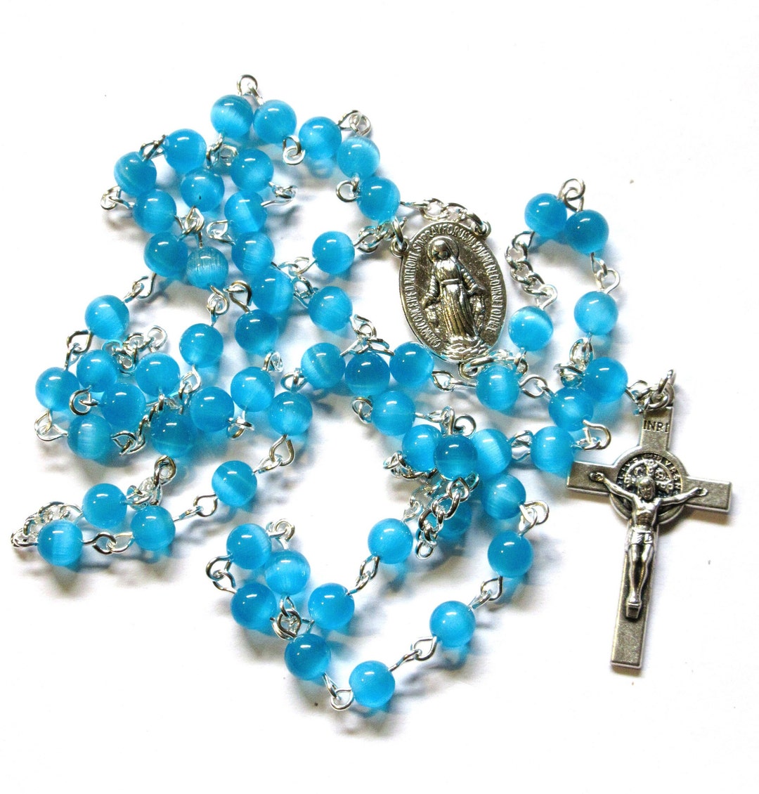 Blue Catholic Rosary, Blue Cat's Eye Beads, Traditional 5 Decade ...