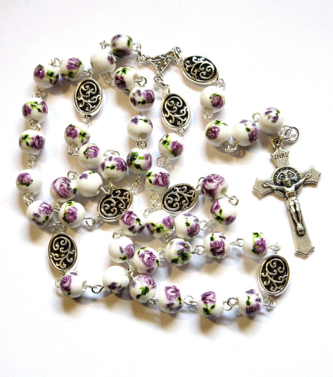 White Ceramic Lutheran Rosary With Dainty Purple Roses, Oversize ...
