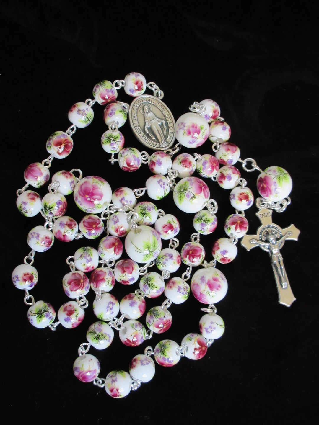 Ceramic Catholic Rosary, Pink Flowers on White, Oversize Beads, 771 - Etsy