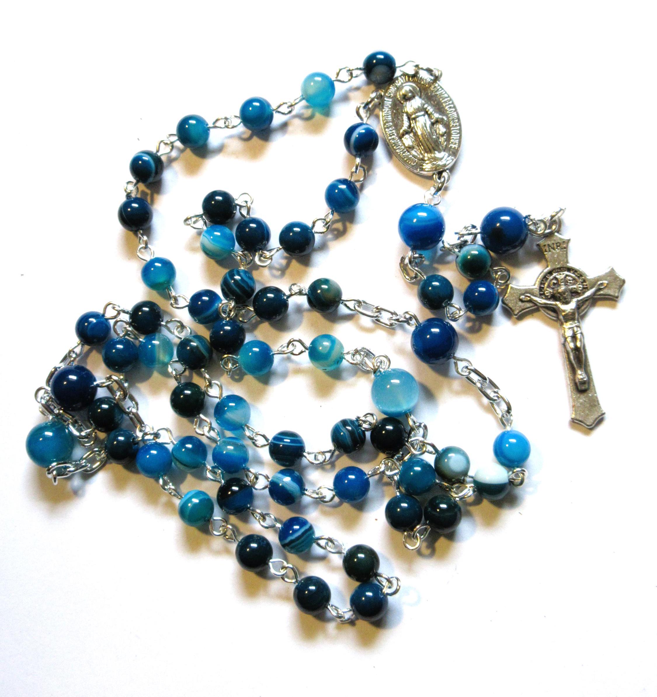 Blue Catholic Rosary, Striped Agate Gemstones, Traditional 5 Decade ...