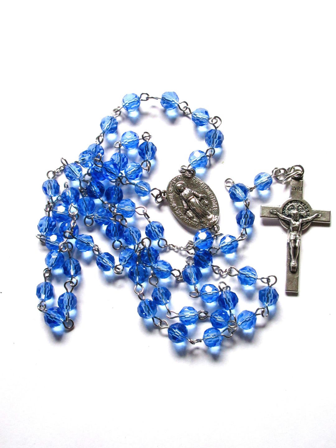 Light Blue Crystal Catholic Rosary, Stainless Steel Links, Celestial ...