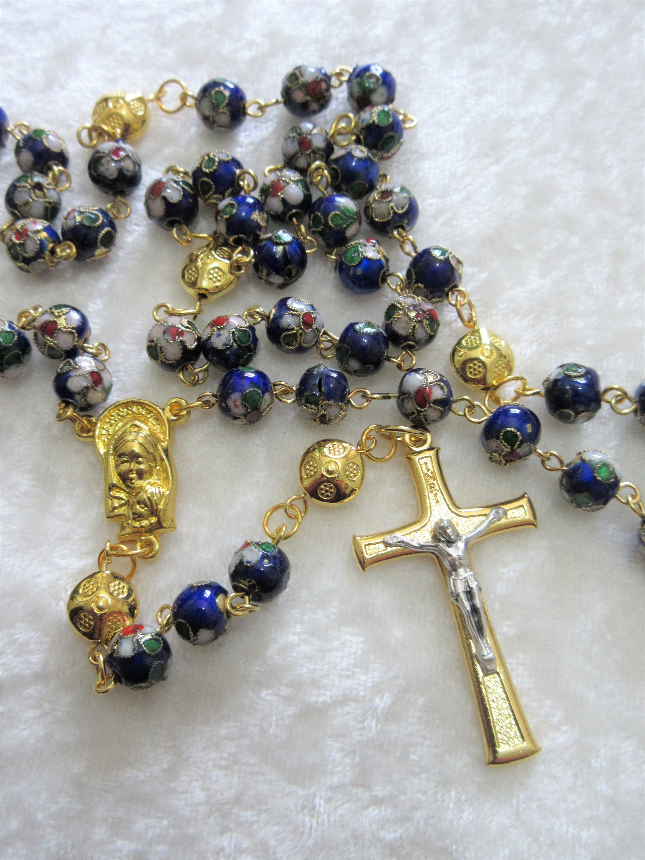 Cloisonne Catholic Rosary Blue and Gold Prayer Beads 1.75 2 Tone Cross 410 Etsy