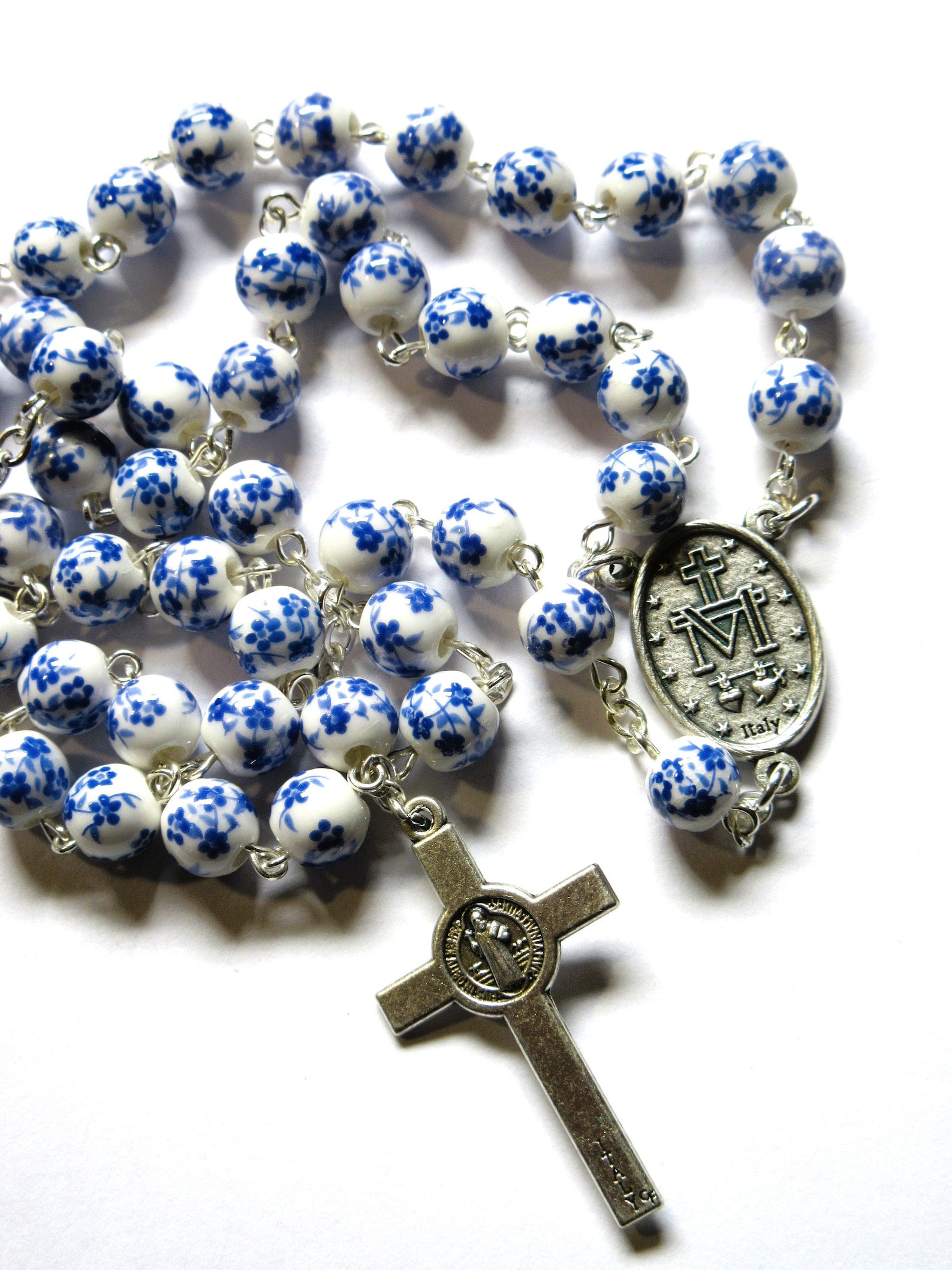 Blue Plum Flowers on White Ceramic Catholic Rosary, Larger Size Beads ...