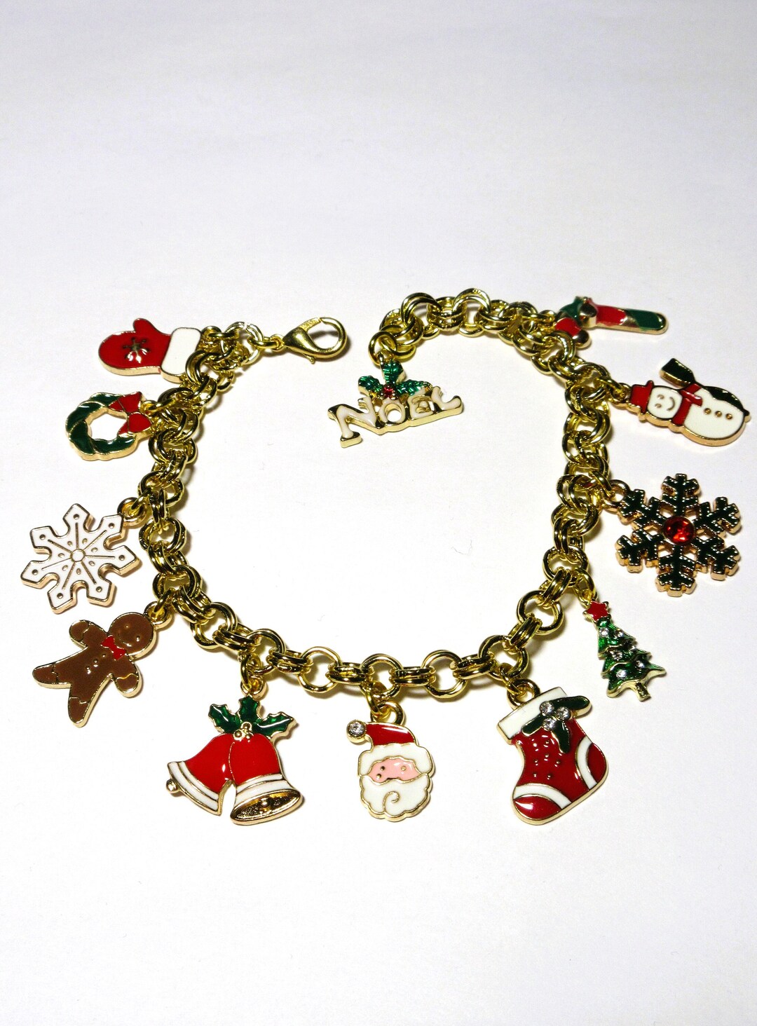 Christmas Charm Bracelet Colorful Enameled Charms on a Double Link Gold ...