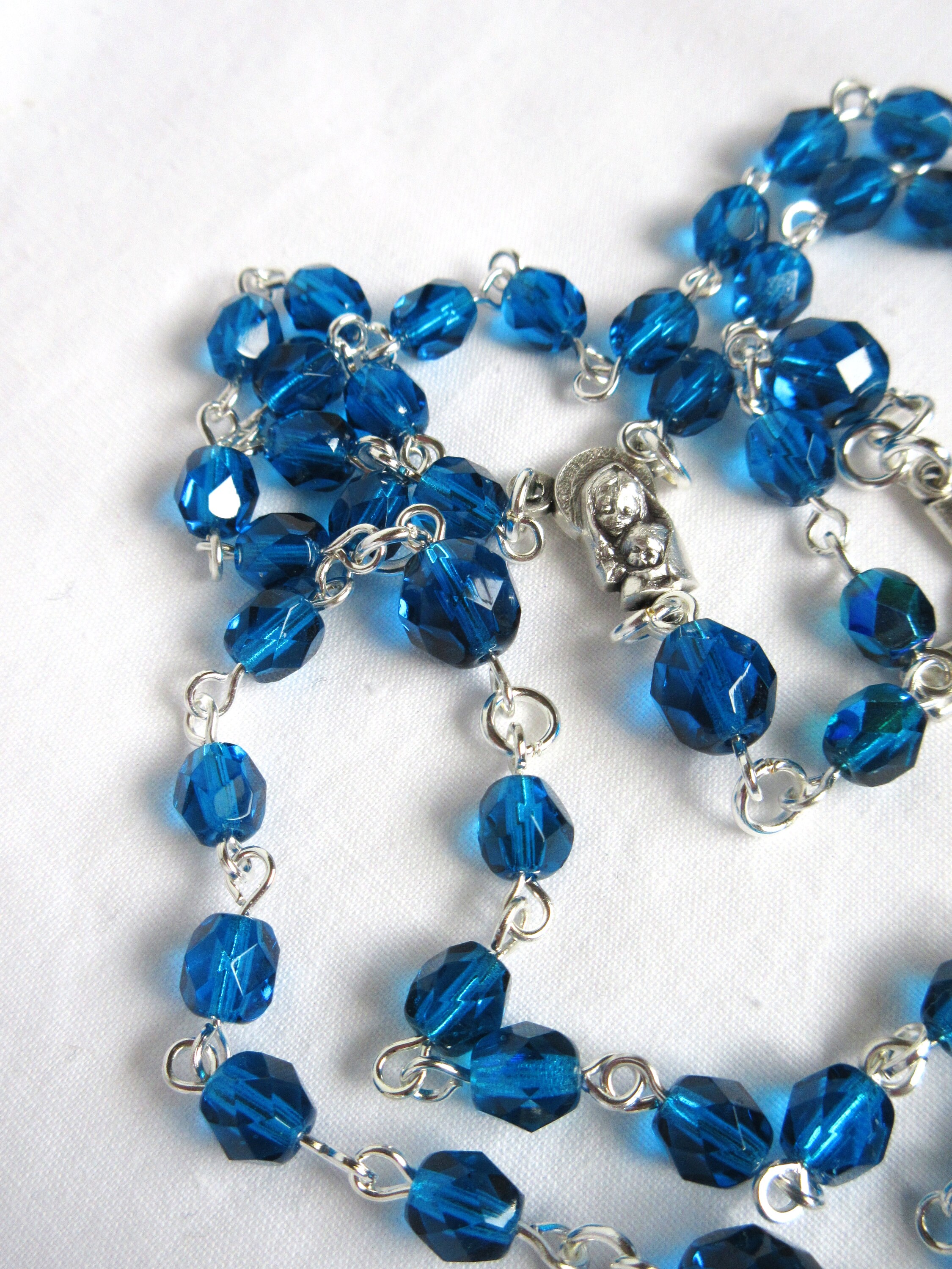 Dark Aqua Blue Catholic Rosary, Czech Fire Polished Beads, Prayer Beads ...