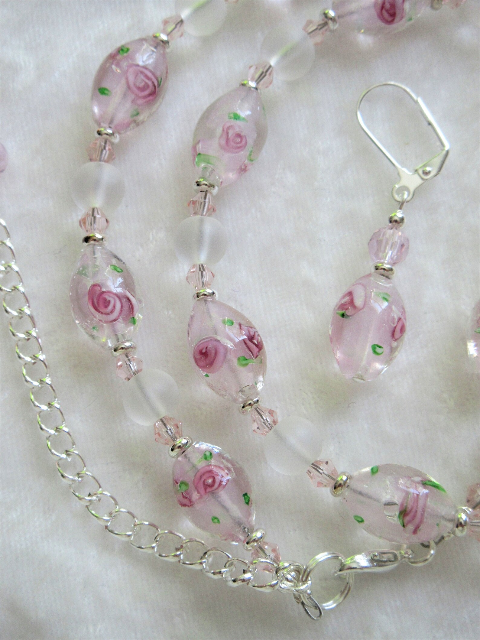 Lampworked Pink Jewelry Set Frosted Ovals With Inlaid Flowers - Etsy