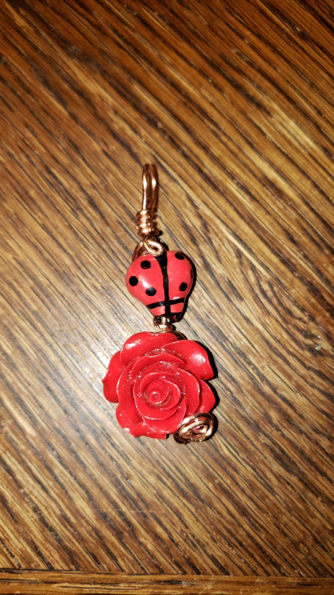 Ladybug Bead Pendant With Rose Embellishment Wire Wrapped With Copper ...