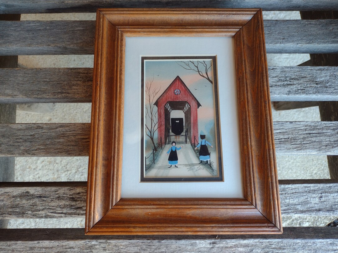 Toni Dane Original Watercolor Art Retro Vintage Covered Bridge Folk Art ...