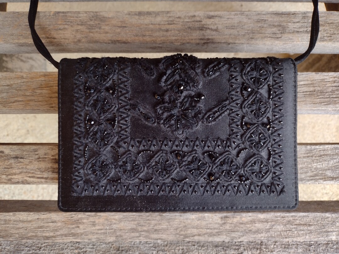 Oscar De La Renta Black Beaded Satin Shoulder Bag or Clutch Retro ...