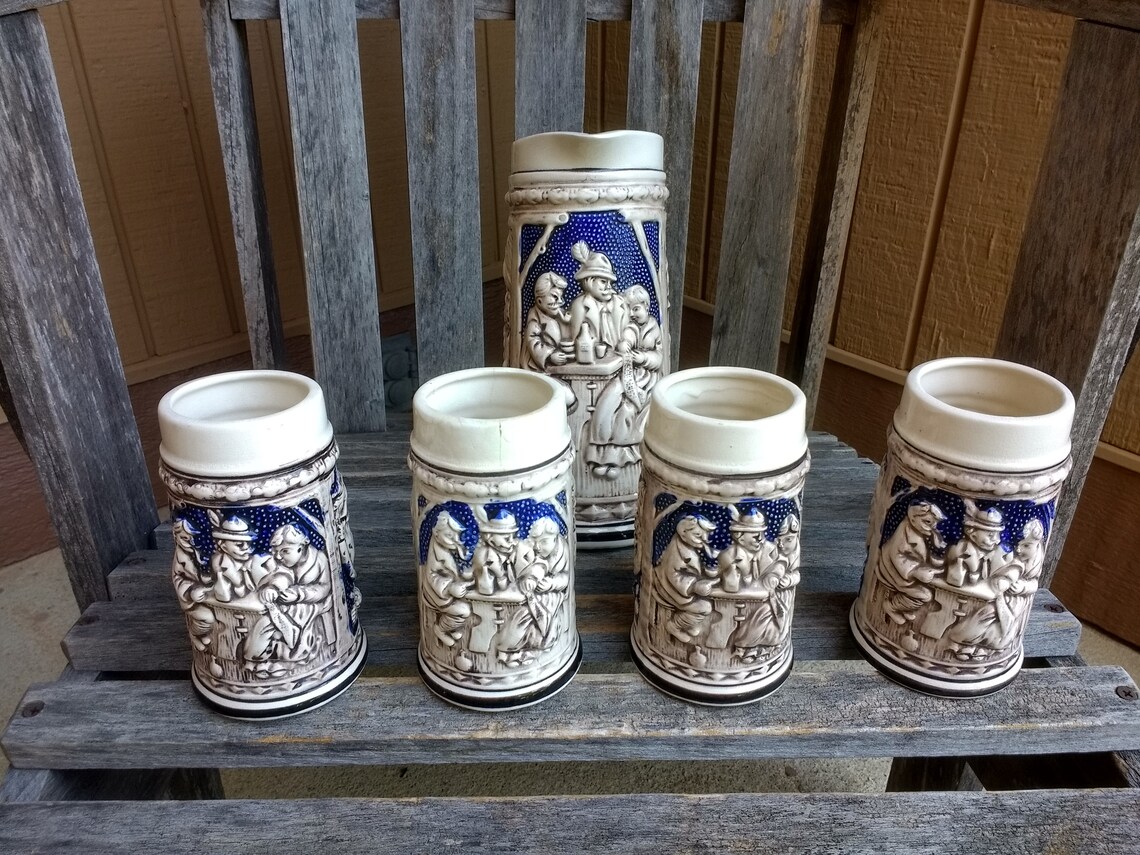 Vintage Beer Steins and Matching Pitcher off White and Colbalt | Etsy