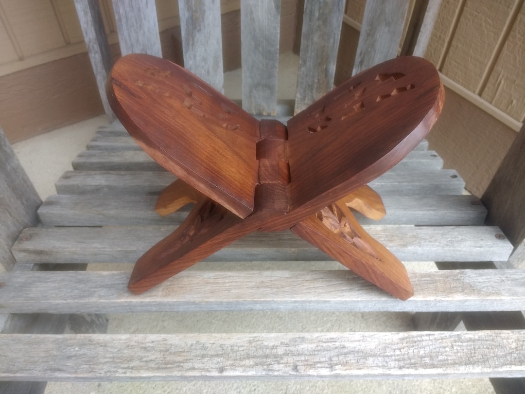 Vintage Brown Wooden Folding Book Stand With Brass Floral Inlays and ...