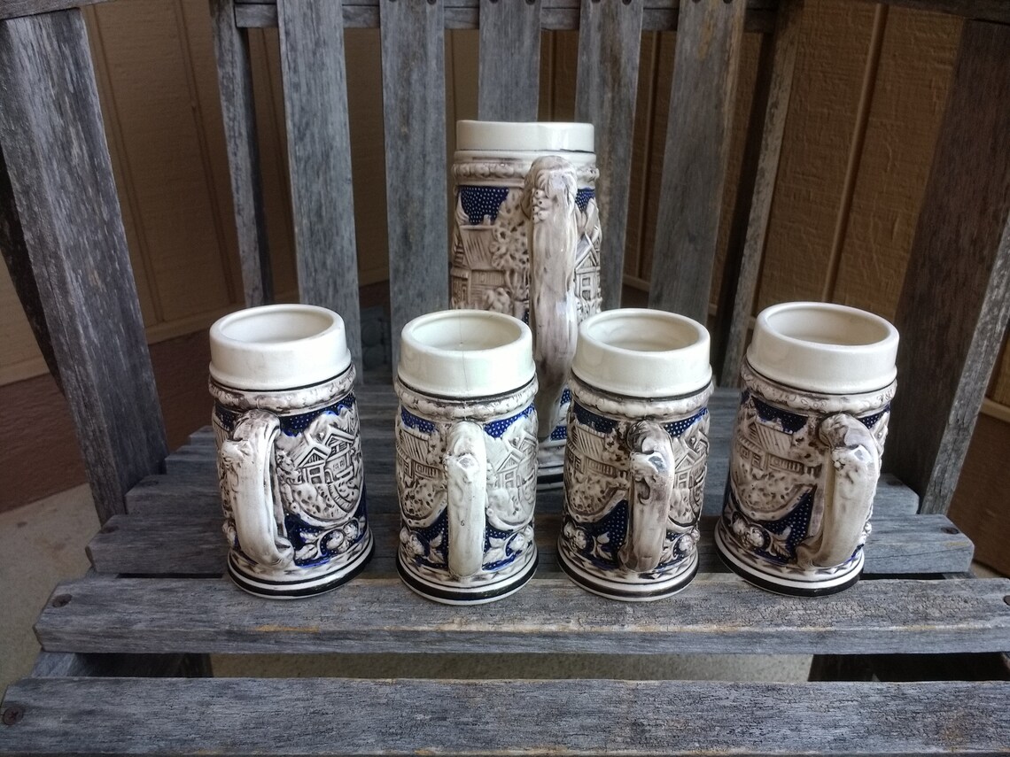 Vintage Beer Steins and Matching Pitcher off White and Colbalt | Etsy